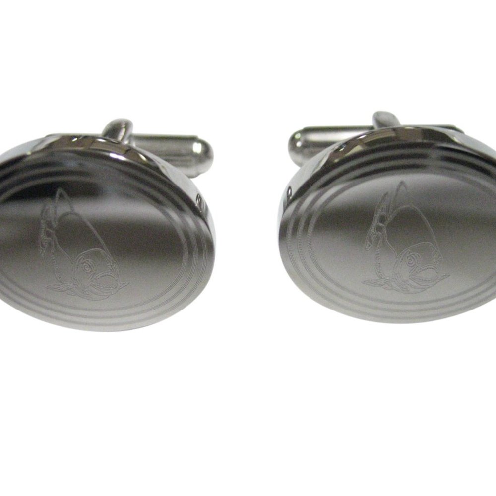 Silver Toned Etched Oval Piranha Fish Cufflinks - Gem